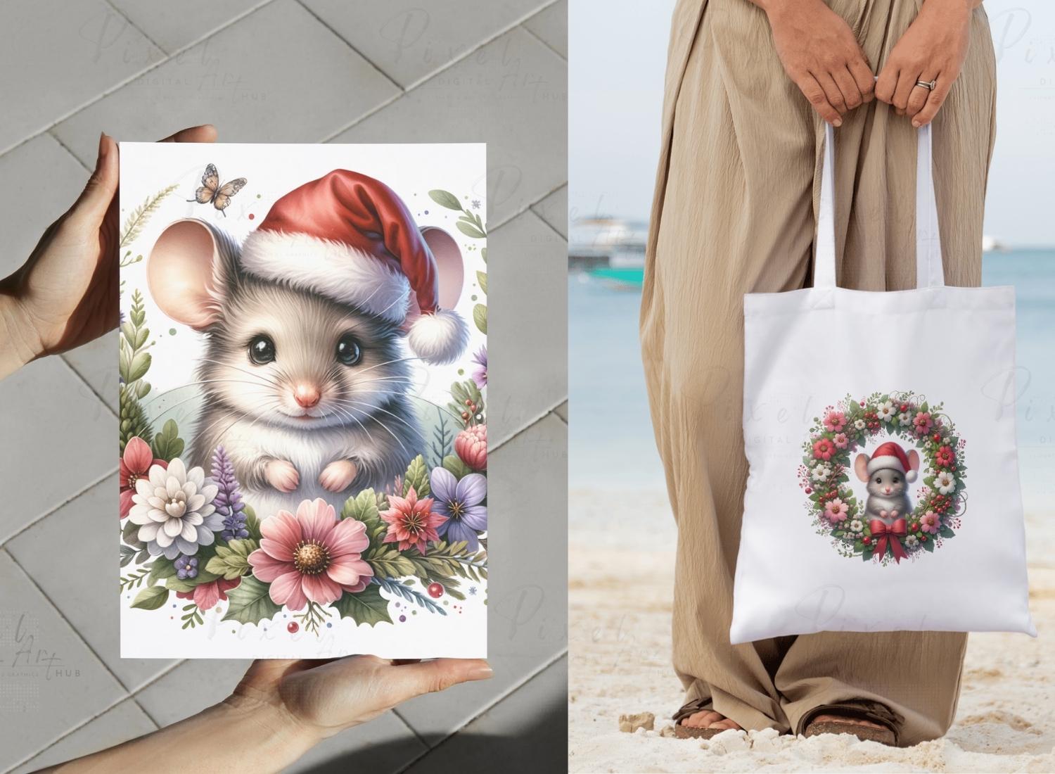 Watercolor Christmas Mouse Clipart, Holiday Wreath, PNG JPEG (digital ...
