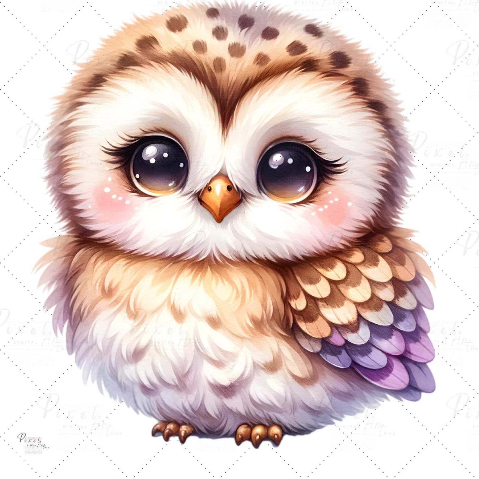 Cute Baby Owls Clipart - Watercolor, Pngs, Cute Owls, Fantasy Clipart ...