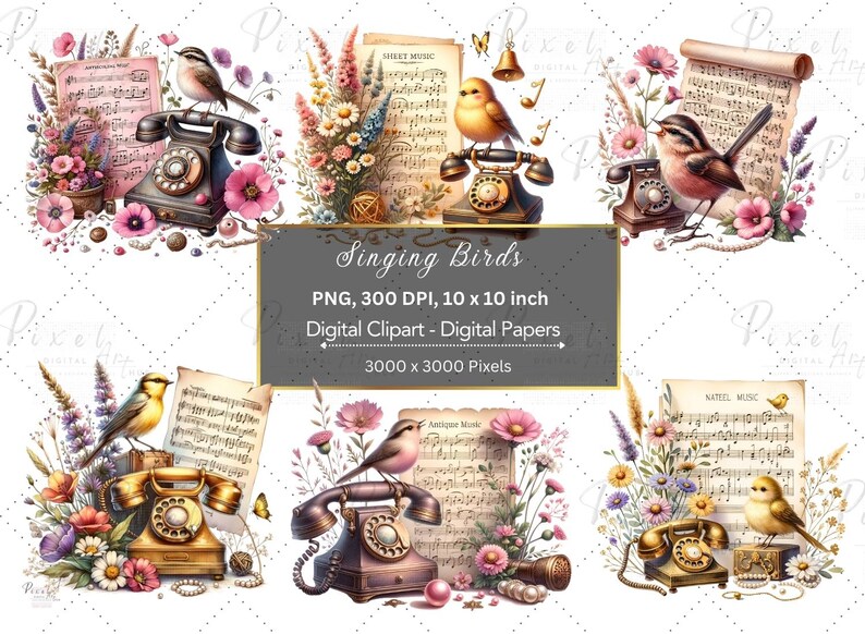 Watercolor Singing Birds Clipart: Vintage Sheet Music & Phone (digital ...