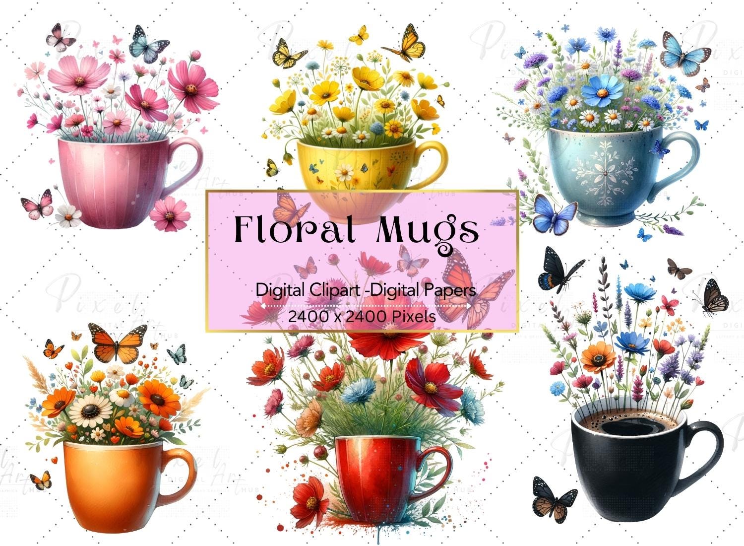 Watercolor Floral Mugs Clipart: Wildflower PNG, JPEG Files (digital ...
