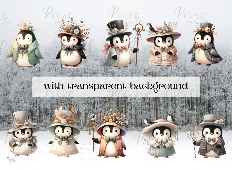 Watercolor Penguin Clipart: Victorian Fashion Pngs (digital Download ...