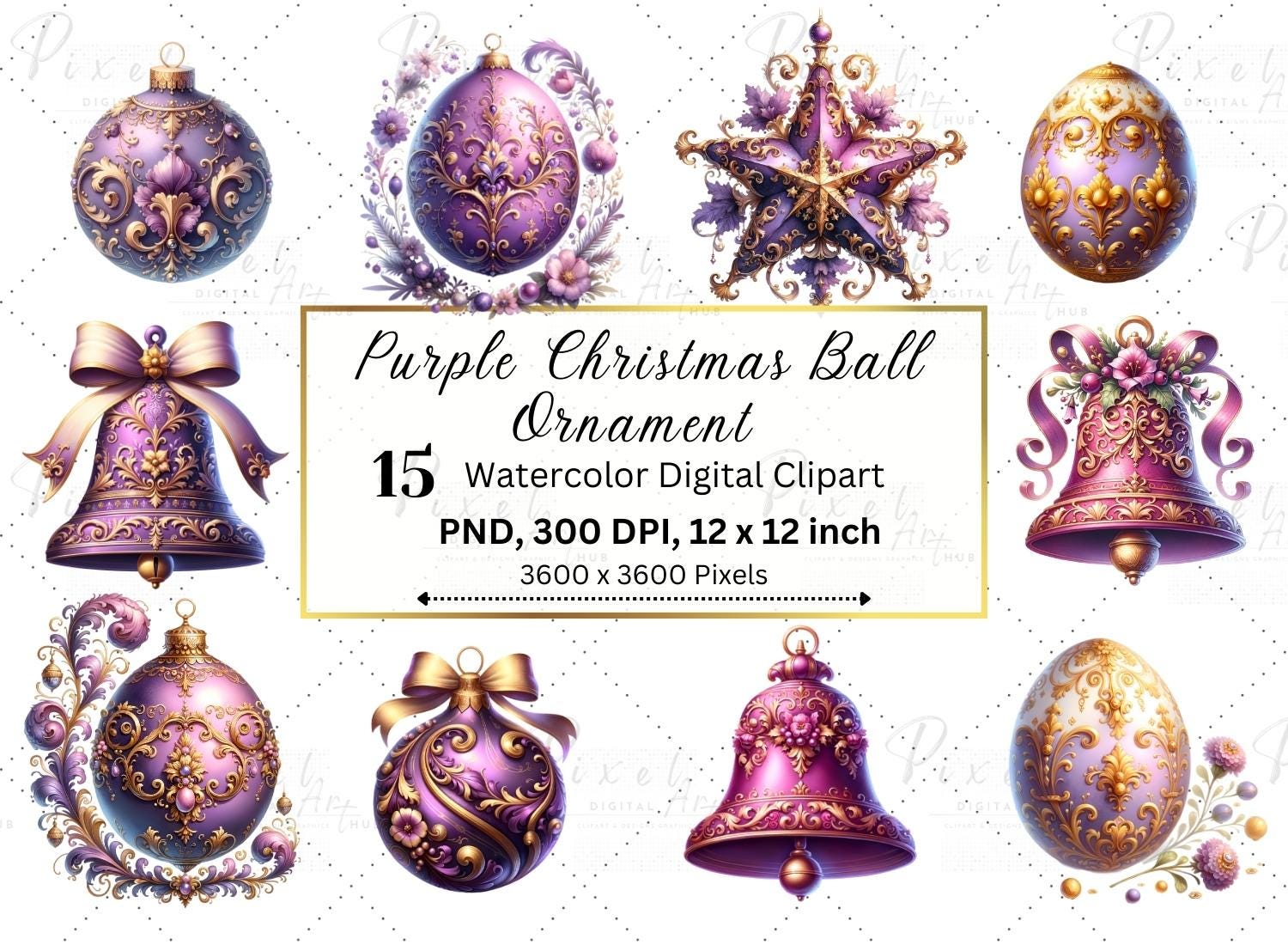 15 Purple Christmas Ornament - Watercolor, Pngs, Rococo Christmas ...