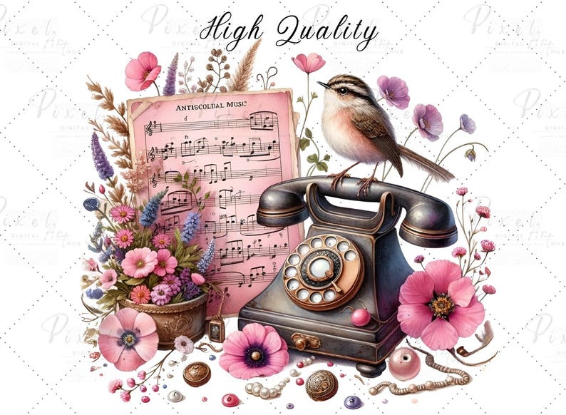 Watercolor Singing Birds Clipart: Vintage Sheet Music & Phone (digital ...