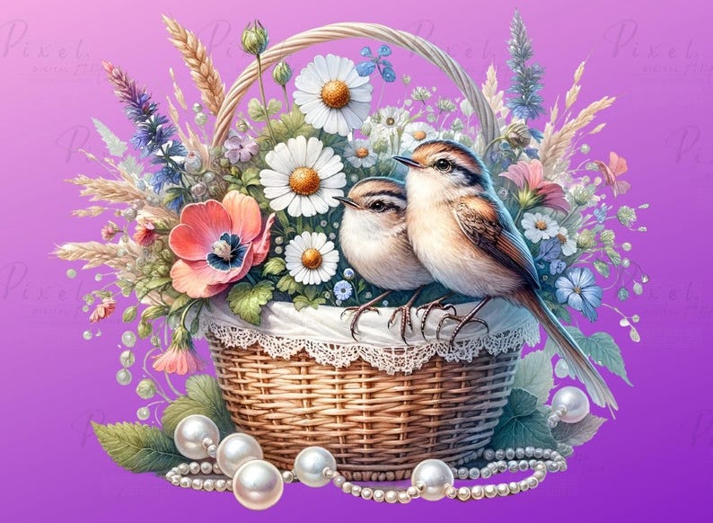 Watercolor Birds in Floral Baskets Clipart: Classic PNG JPEG Digital ...