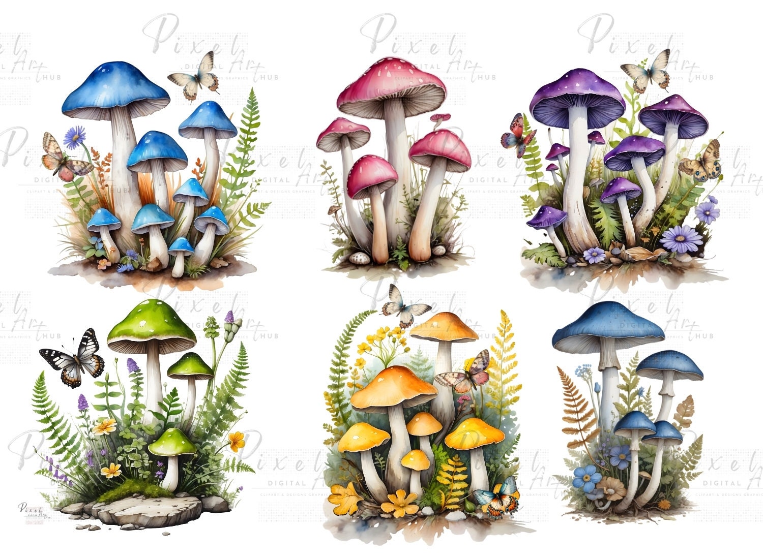 Watercolor Mushroom Clipart, 20 PNG File, Cute Mushrooms Group With ...