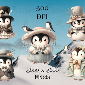 Watercolor Penguin Clipart: Victorian Fashion Pngs (digital Download ...