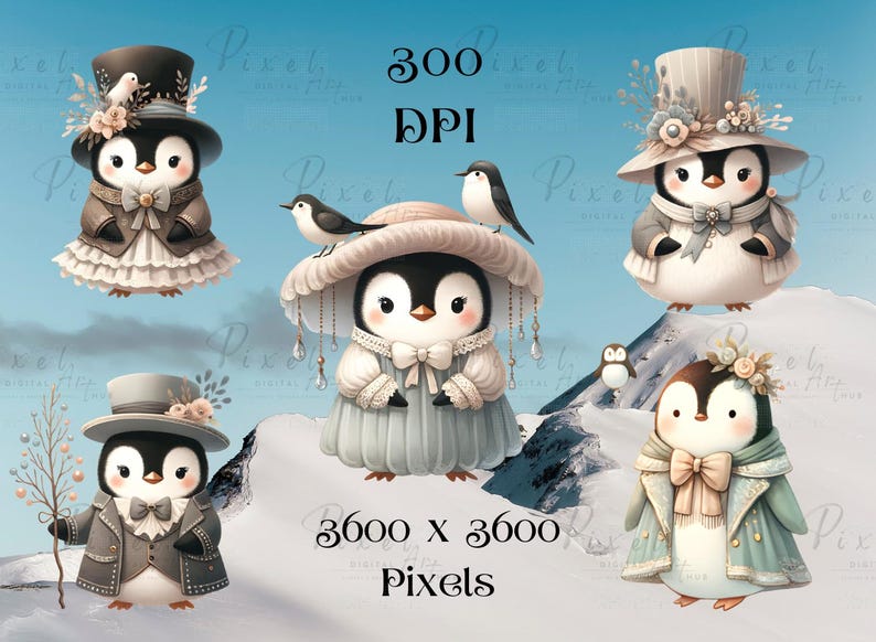 Watercolor Penguin Clipart: Victorian Fashion Pngs (digital Download ...