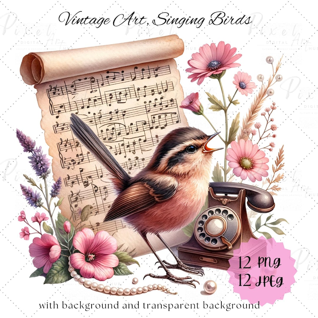 Watercolor Singing Birds Clipart & Papers, Classic -sheet Music ...