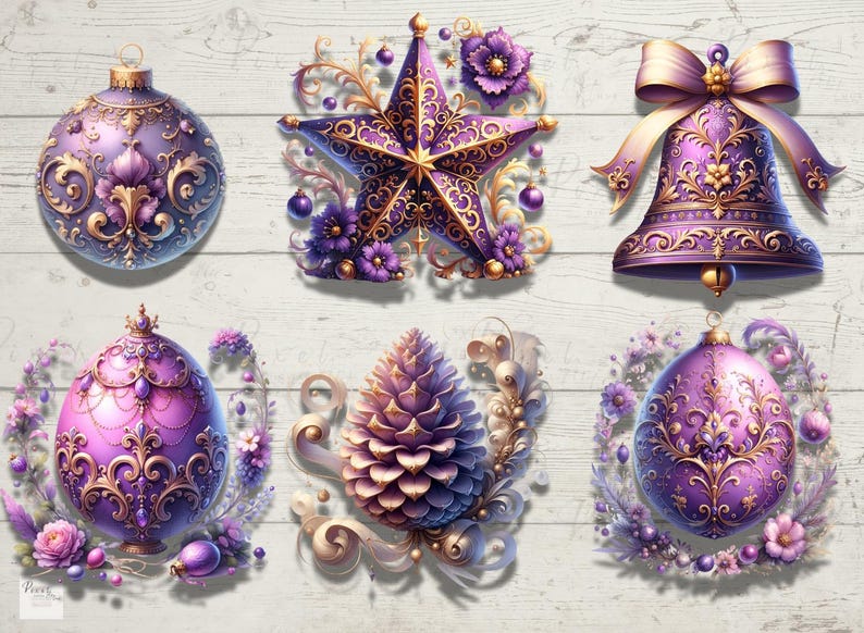 15 Purple Christmas Ornament - Watercolor, Pngs, Rococo Christmas ...