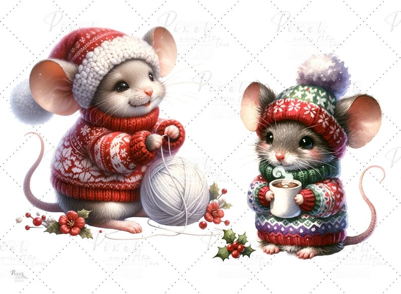 Watercolor Cute Mice Christmas, Clipart, Adorable Christmas Mice, File ...