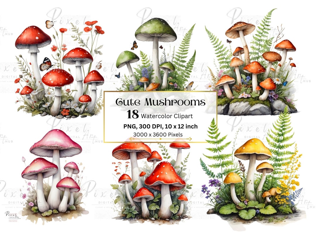 Watercolor Mushroom Clipart, File PNG Cute Mushrooms Group With Forest ...