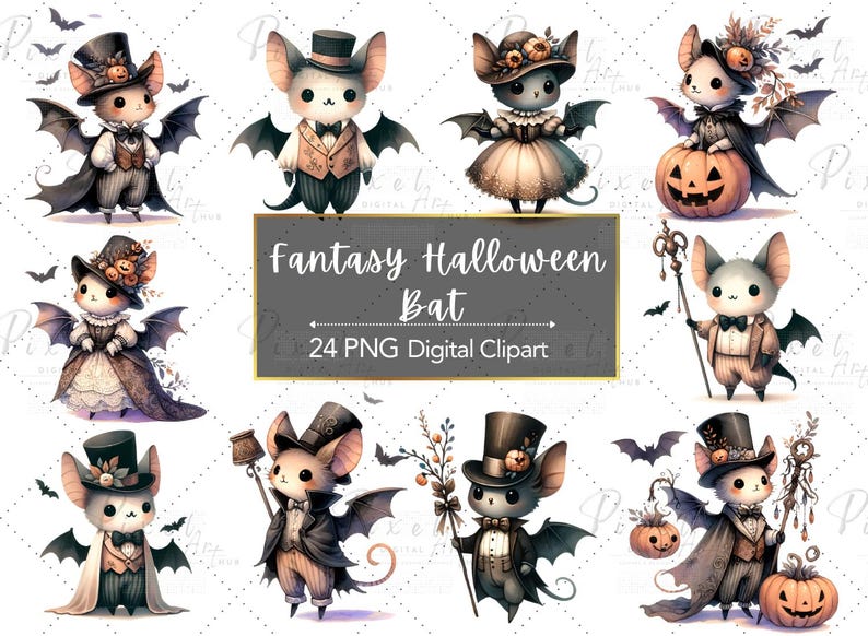 Halloween Bats Clipart - Watercolor, Pngs, Fantasy Clipart, Cute Bat's ...