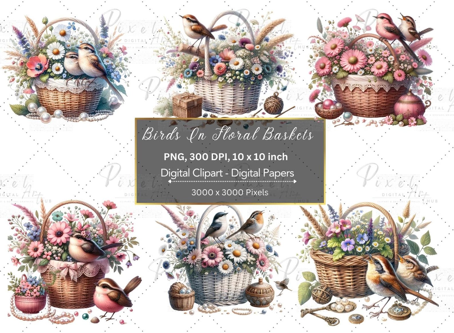 Watercolor Birds in Floral Baskets Clipart: Classic PNG JPEG Digital ...