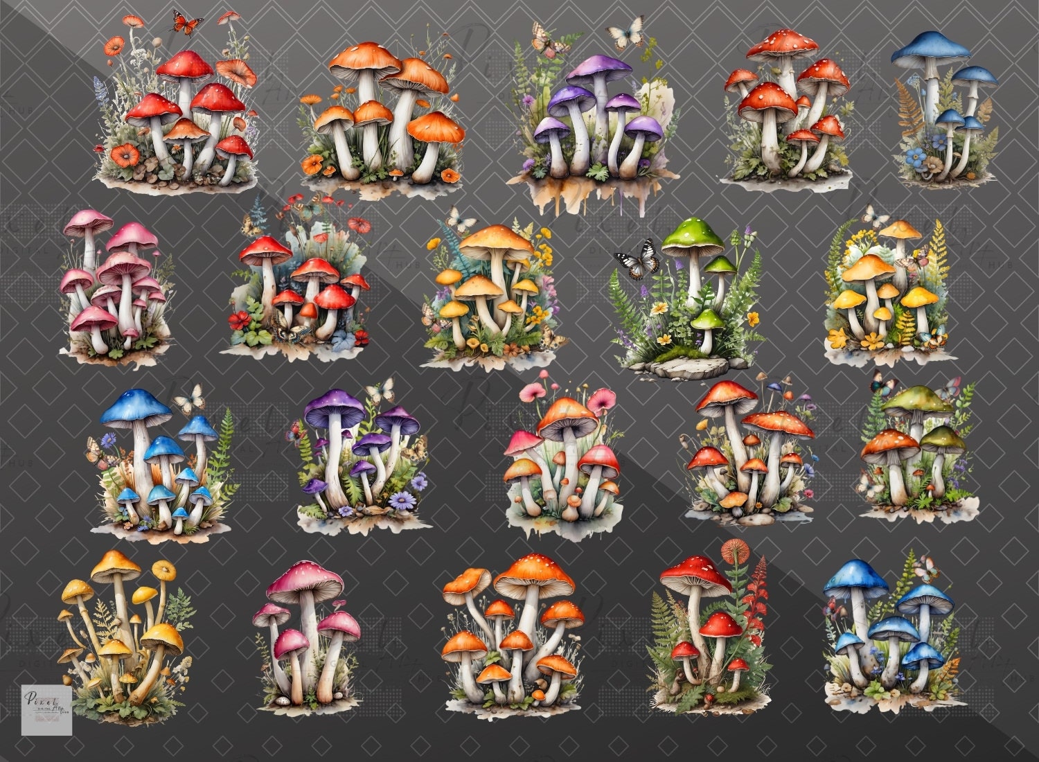 Watercolor Mushroom Clipart, 20 PNG File, Cute Mushrooms Group With ...