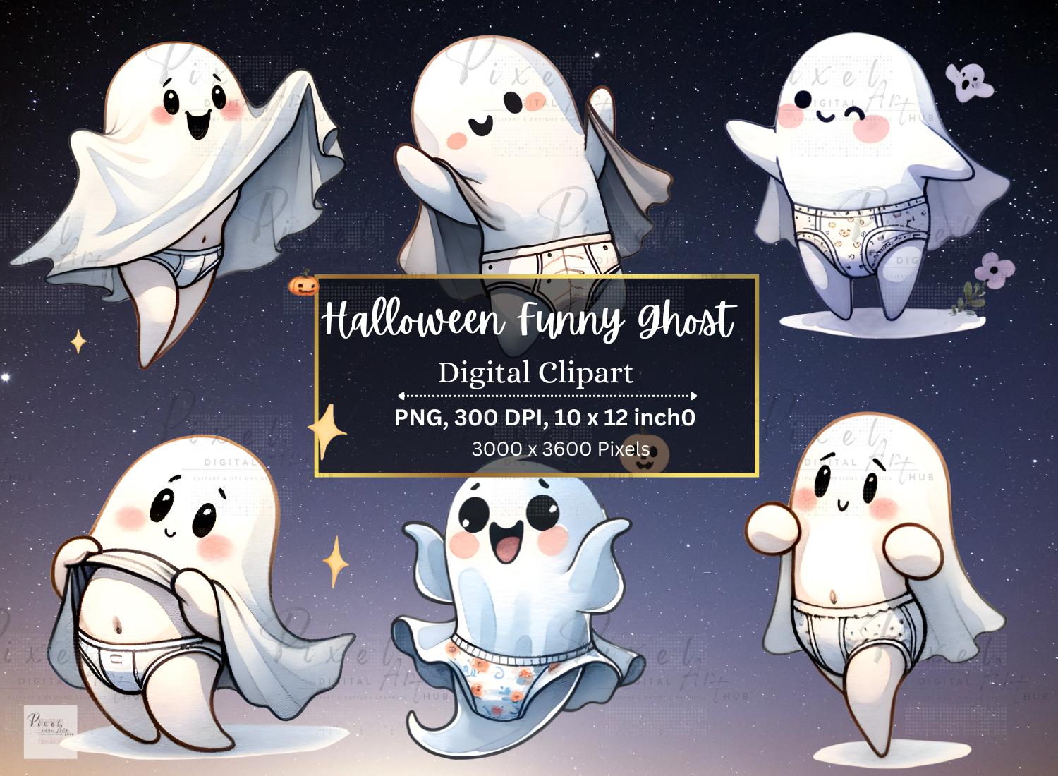 Halloween Funny Ghost Clipart - Watercolor, Pngs, Cute Ghost, Fantasy ...