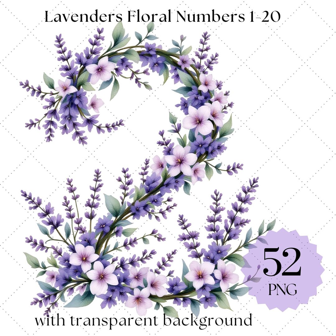 Floral Numbers 1-20, Clipart, Lavenders Flowers on Numbers, 52-PNG ...