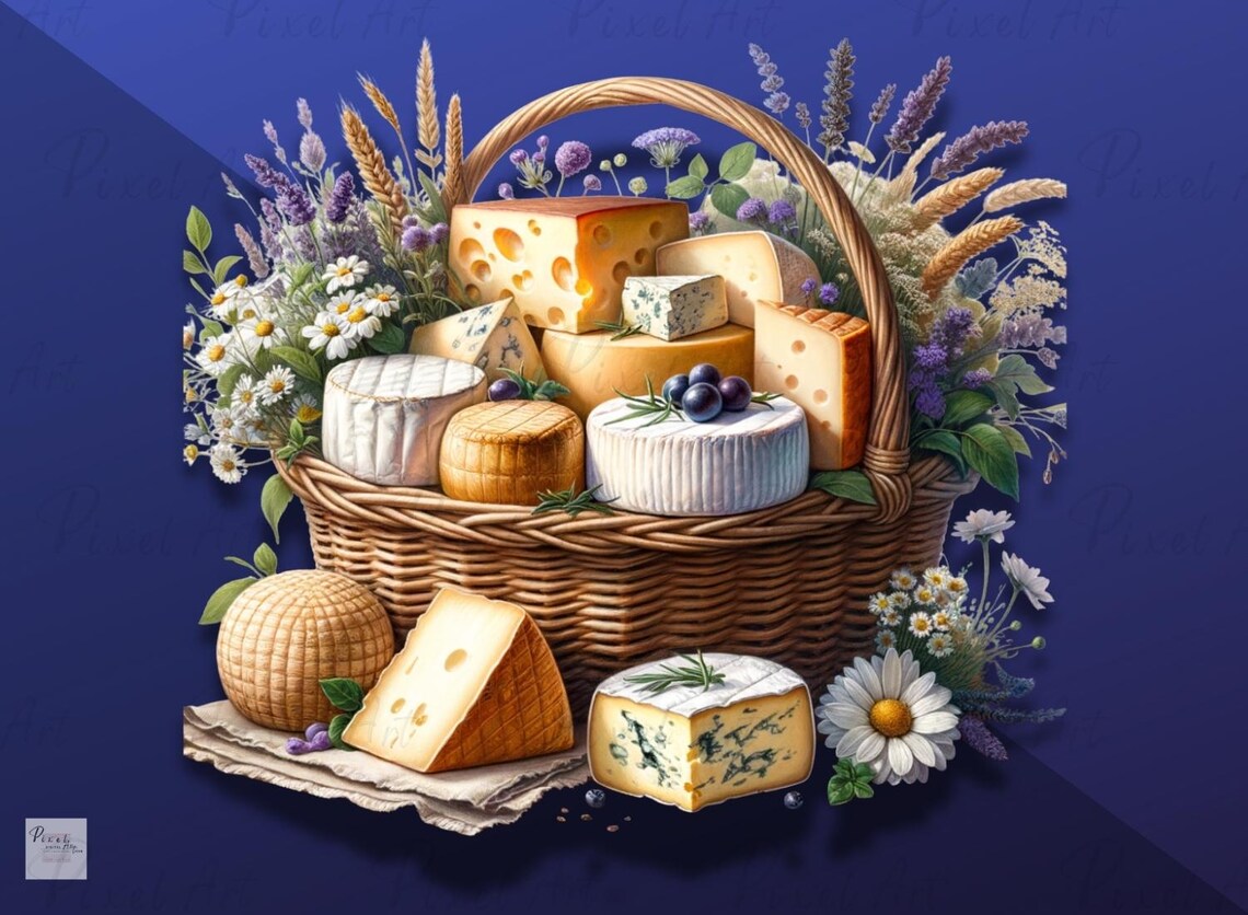 Watercolor Cheese Basket Clipart: Food Art, Kitchen Decor (digital ...