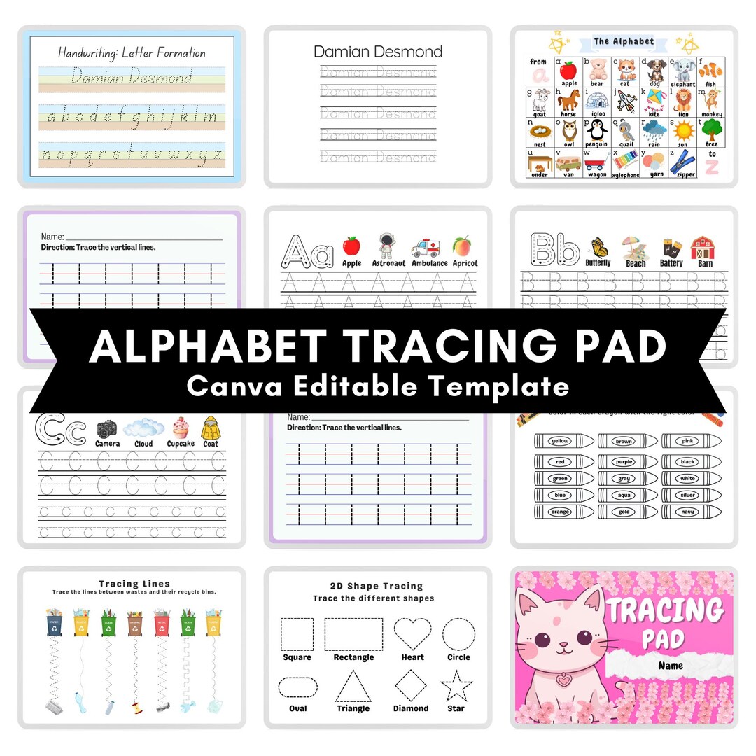 Editable Alphabet Tracing Pad Canva Template | Kids Learning Worksheet ...