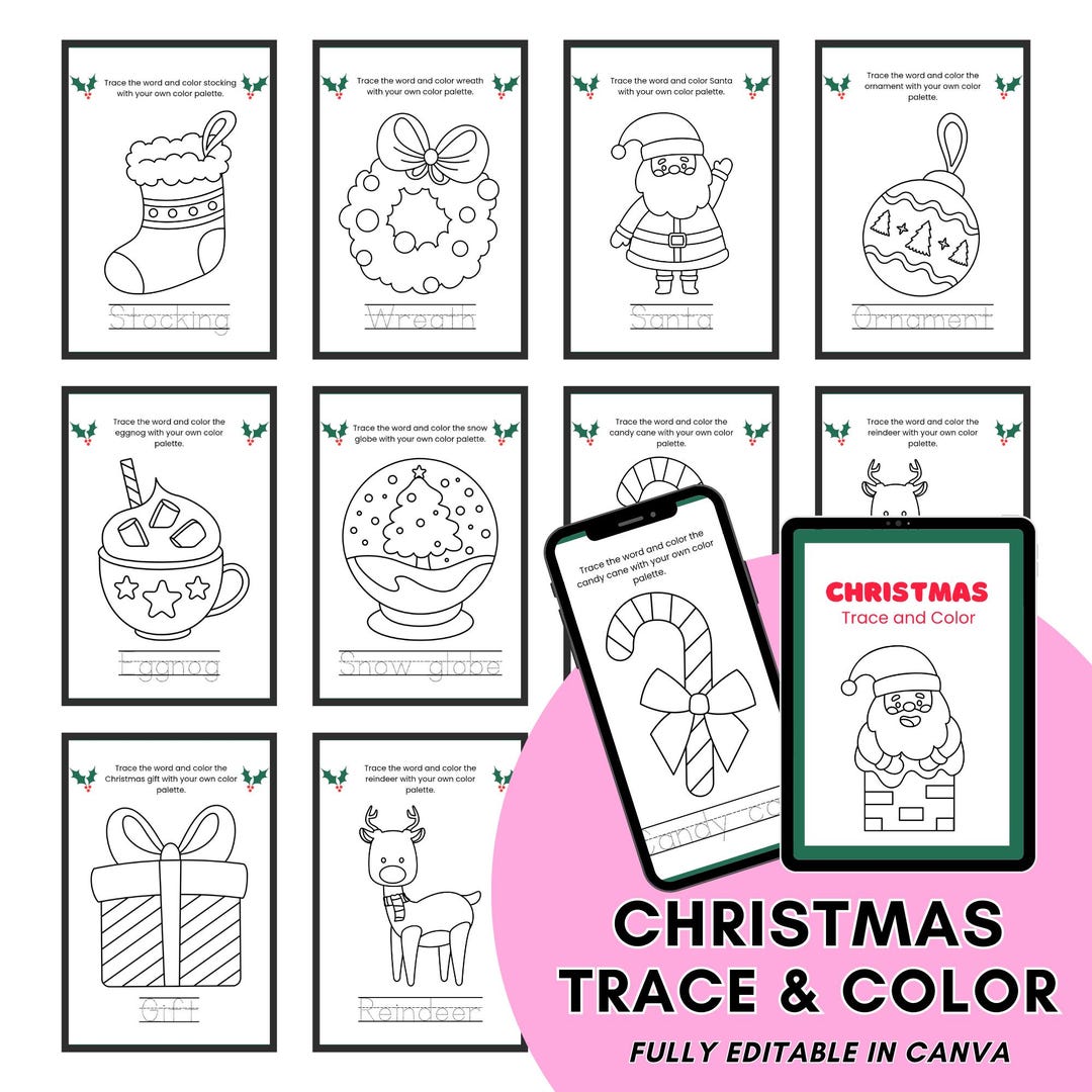 Christmas Trace and Color Worksheets Fun Busy Book | 10 Pages Kids ...