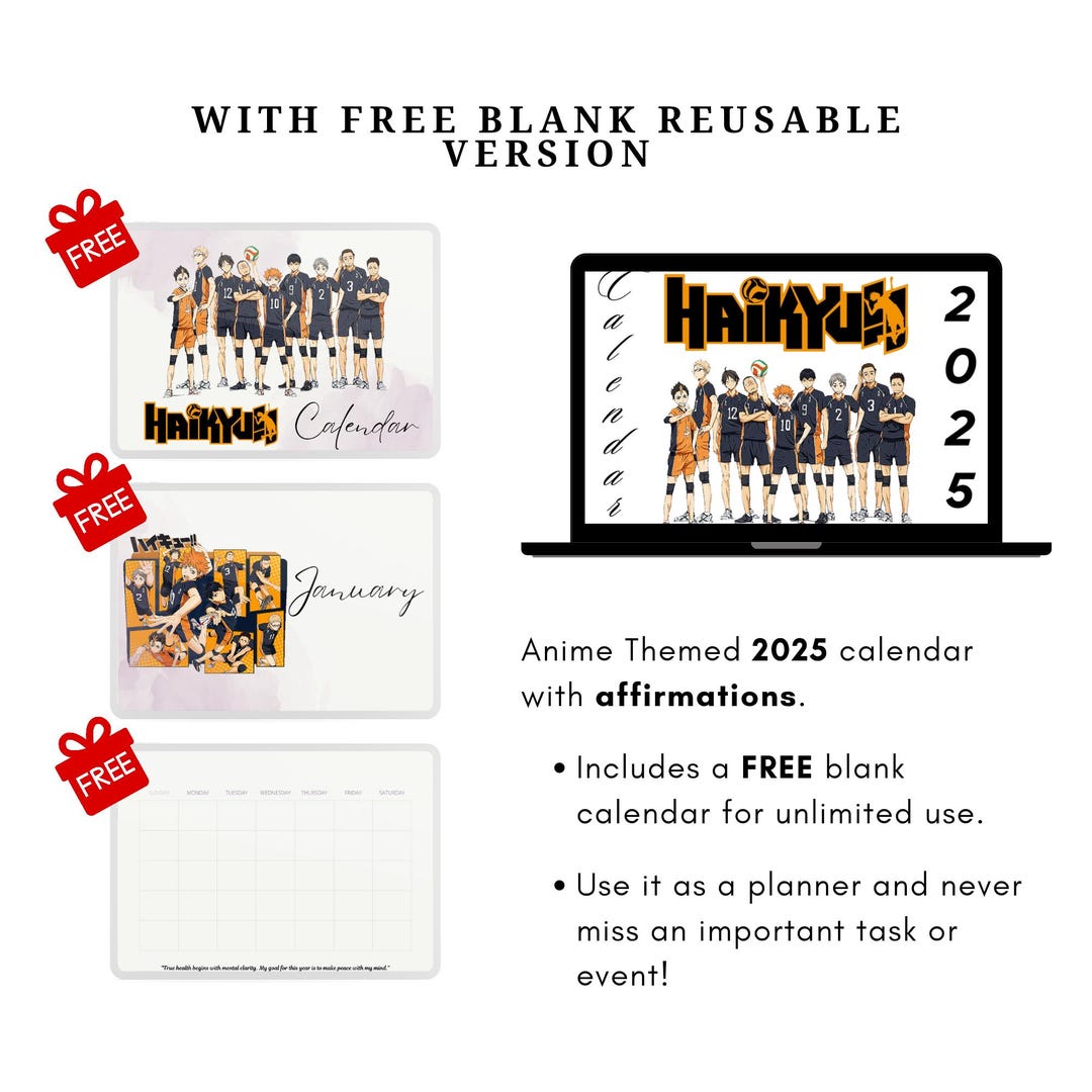 Anime Digital Printable Instant Download 2025 Calendar With FREE Blank ...