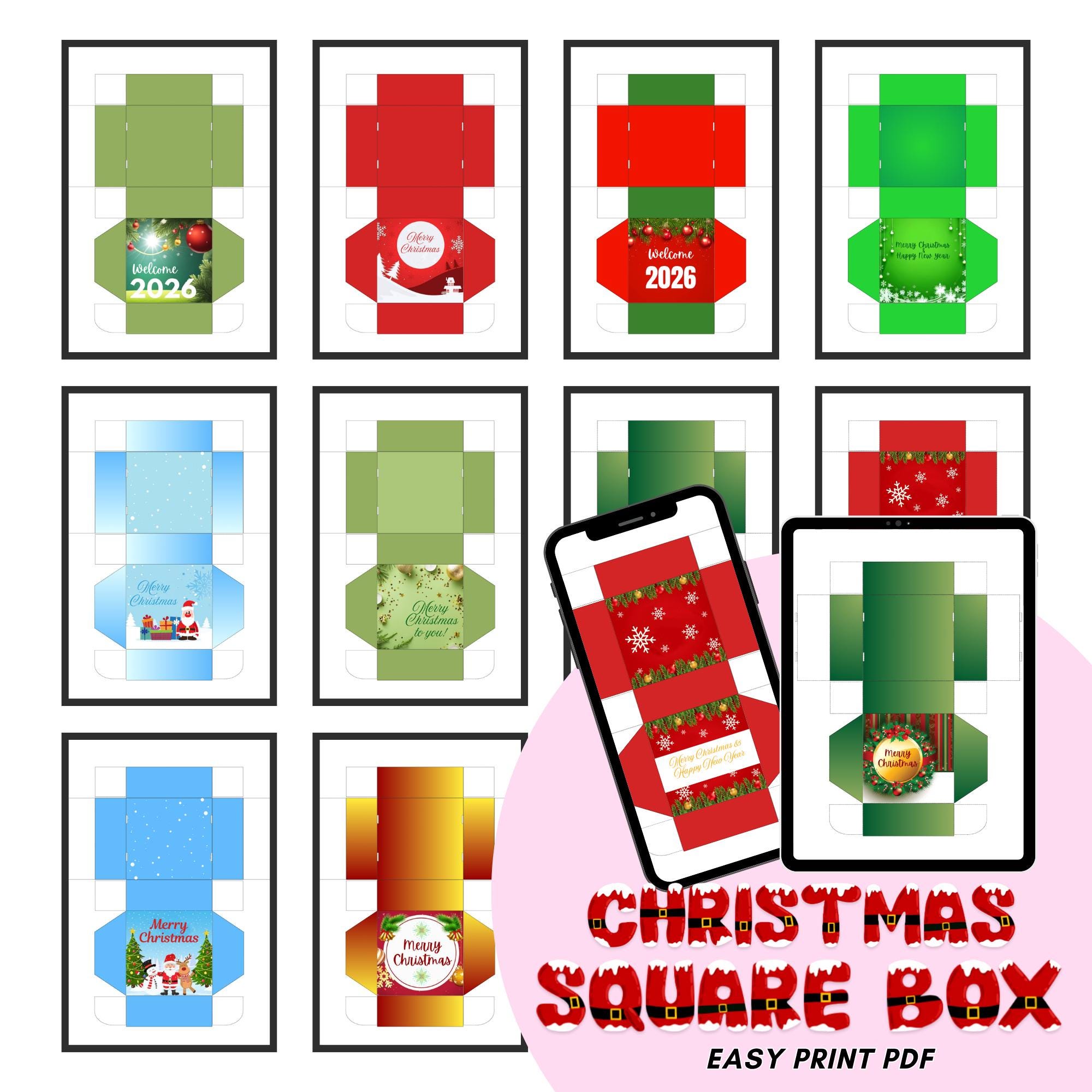 Christmas Square Box Printable PDF | 10 Designs | Gift Snack Present ...