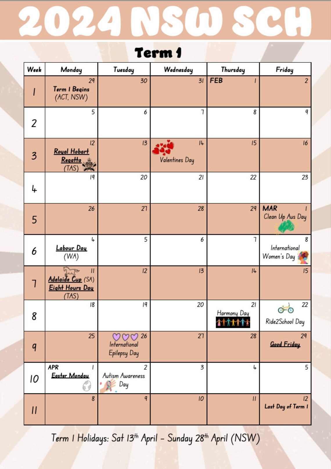 PRINTABLE 2024 NSW School Calendar Whole Year Public Holidays Key ...