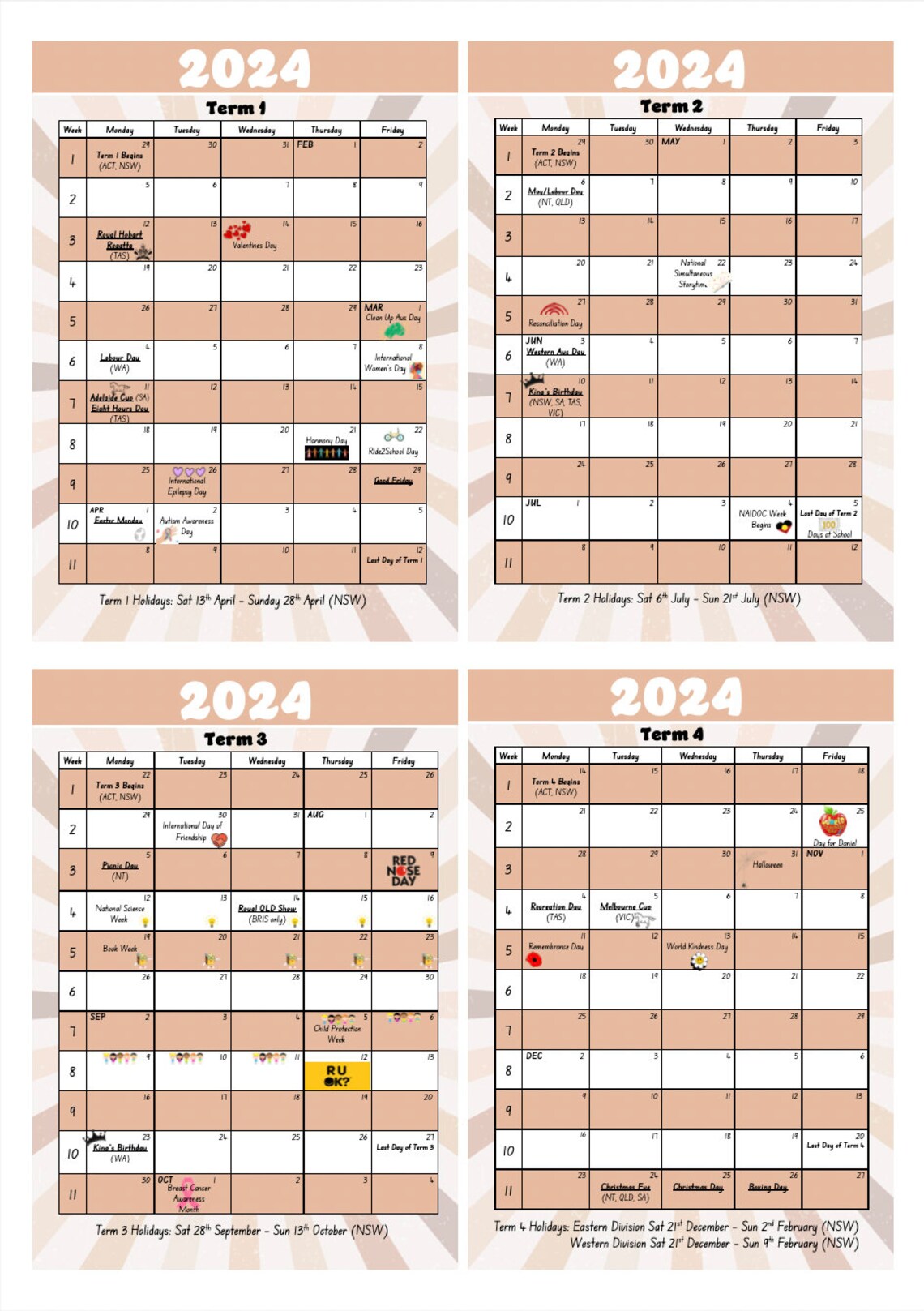 PRINTABLE 2024 NSW School Calendar Whole Year Public Holidays Key ...