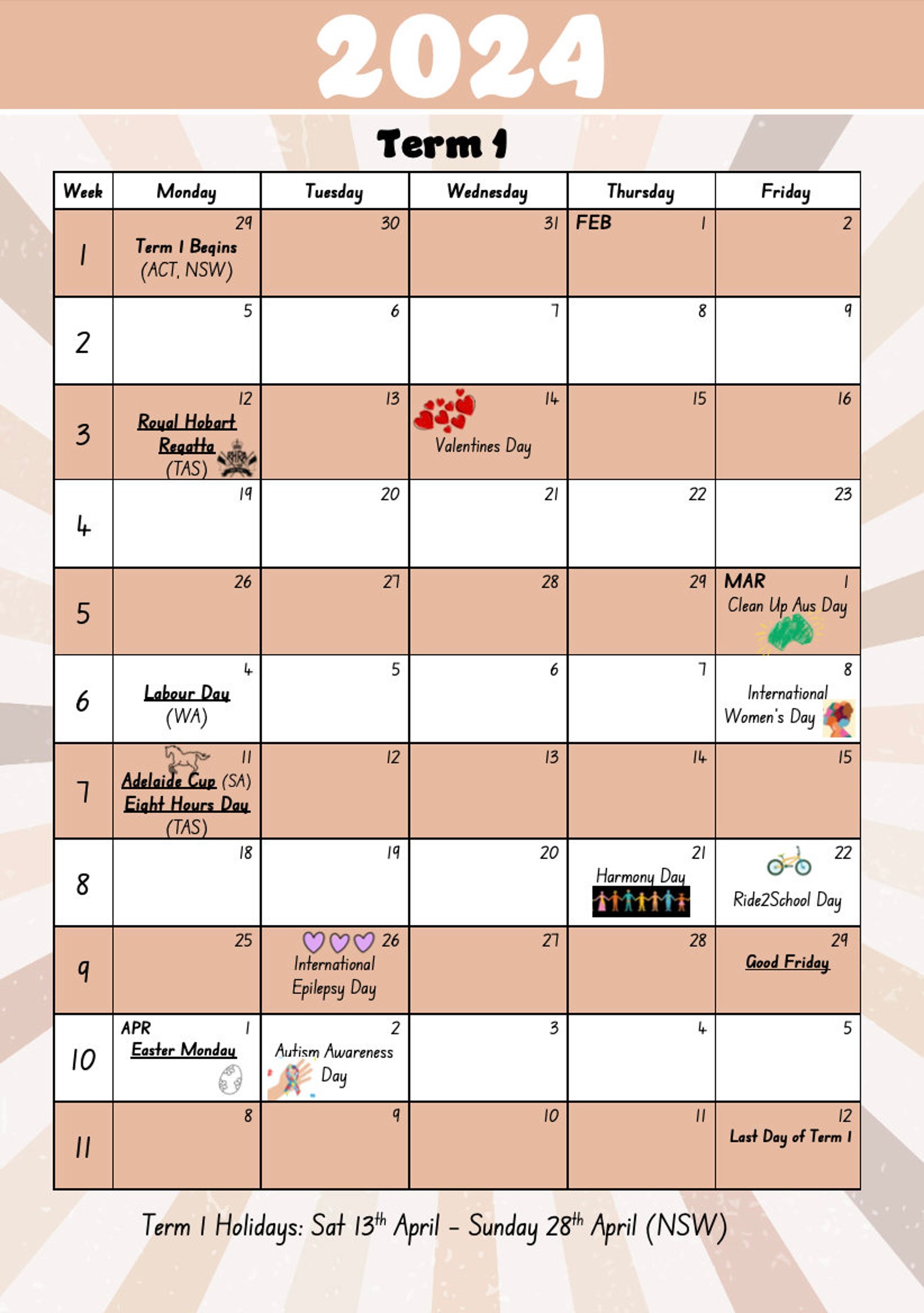 PRINTABLE 2024 NSW School Calendar Whole Year Public Holidays Key ...