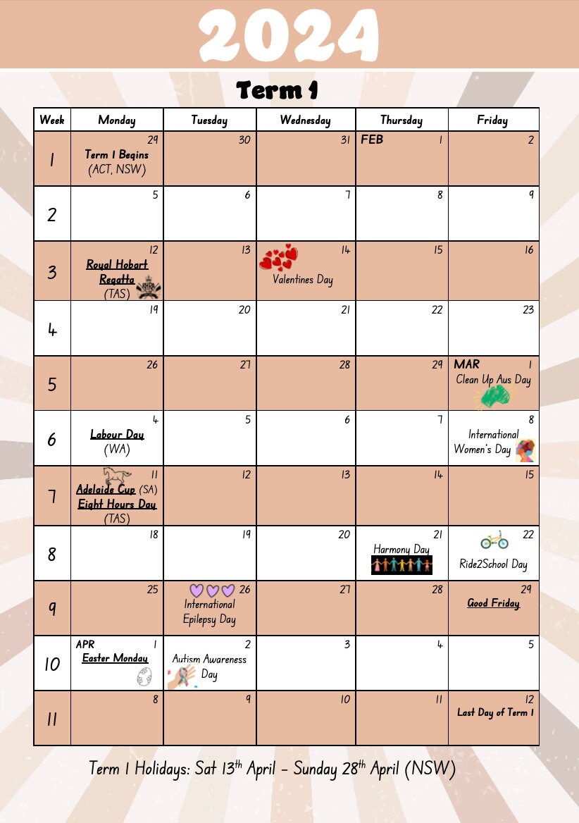 PRINTABLE 2024 NSW School Calendar Whole Year Public Holidays Key ...