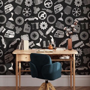 Car Mechanic Tools Peel & Stick Wallpaper, Automotive Pattern Wall ...