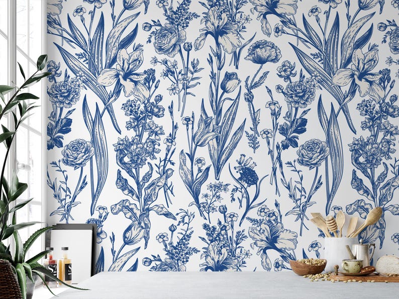 Dutch-inspired Blue Flowers and Leaves Peel & Stick Wallpaper, Vintage ...