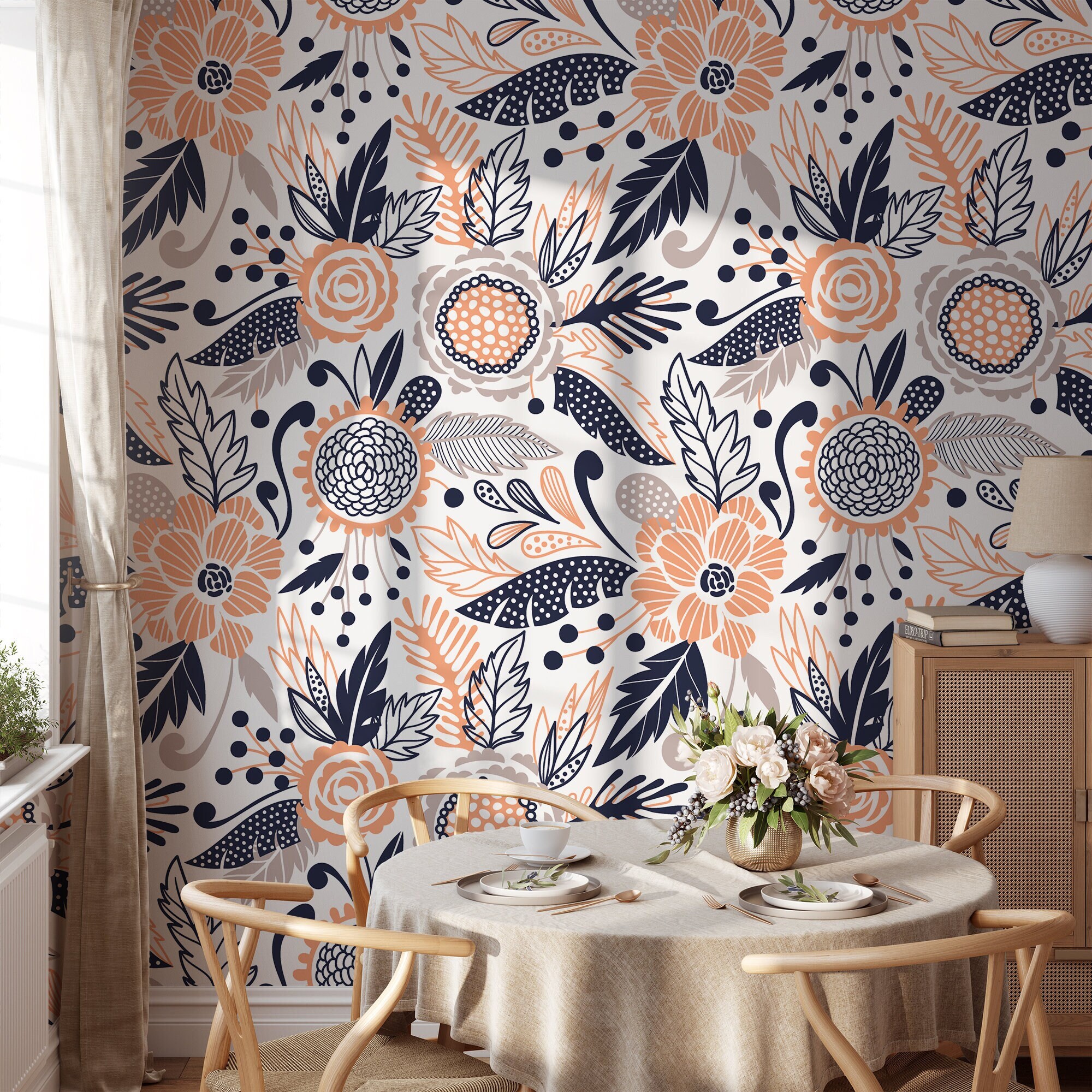 Abstract Floral Flat Art Style Peel & Stick Wallpaper, Contemporary ...
