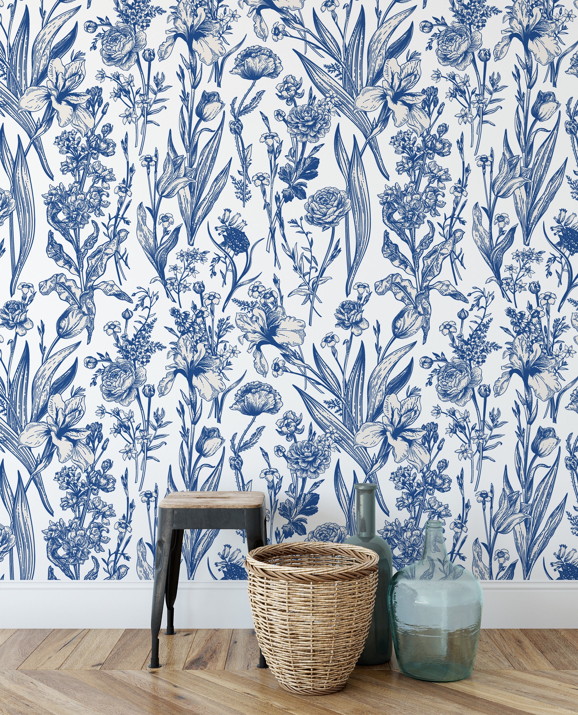Dutch-inspired Blue Flowers and Leaves Peel & Stick Wallpaper, Vintage ...