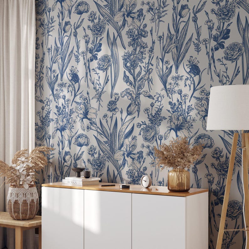 Dutch-inspired Blue Flowers and Leaves Peel & Stick Wallpaper, Vintage ...