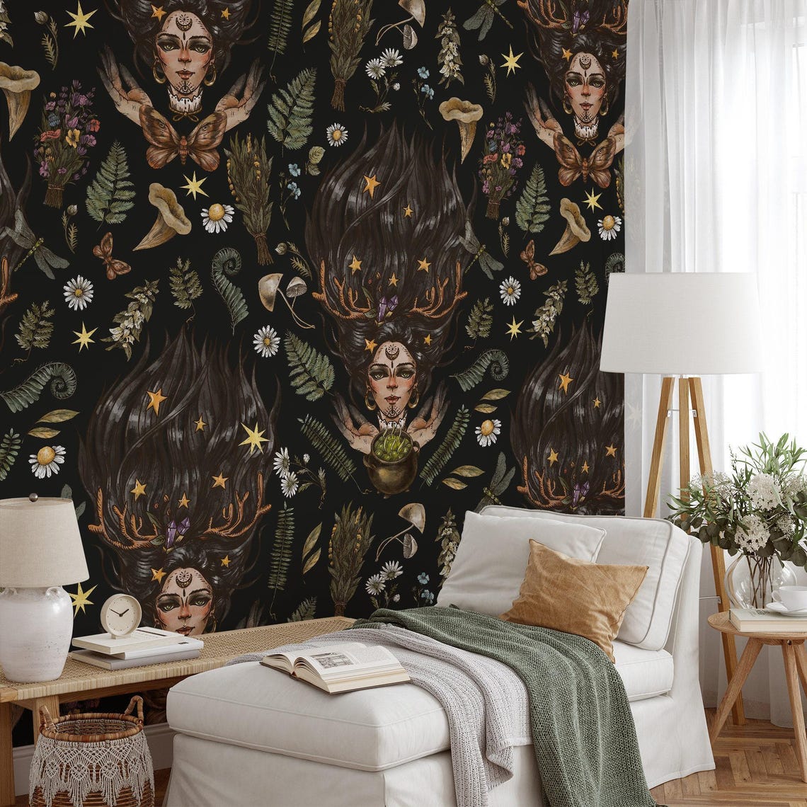 Enchanting Nature Goddess Peel & Stick Wallpaper, Whimsical Dark Witch ...