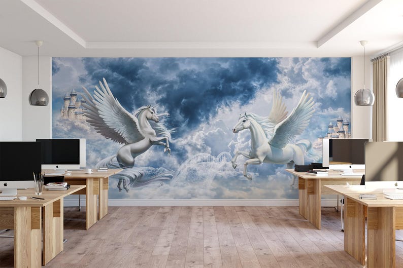 Mystical Unicorn and Castle Clouds Wallpaper, Enchanted Pegasus Peel ...