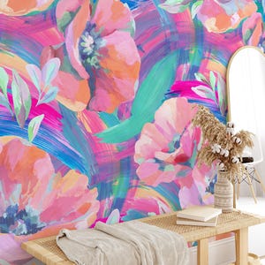 Large Floral Abstract Painted Effect Peel & Stick Wallpaper, Vibrant ...