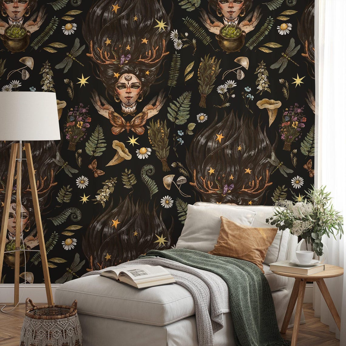 Enchanting Nature Goddess Peel & Stick Wallpaper, Whimsical Dark Witch ...