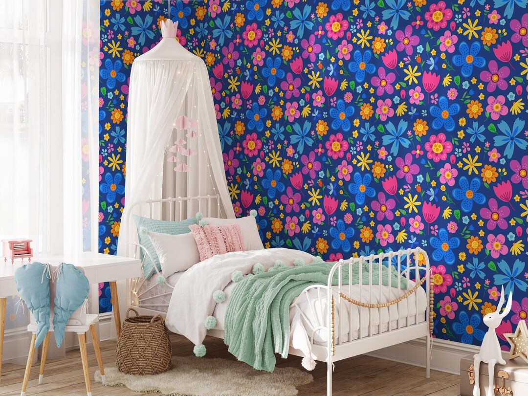 Bright Colored Folk Art Flower Illustration Peel & Stick Wallpaper ...