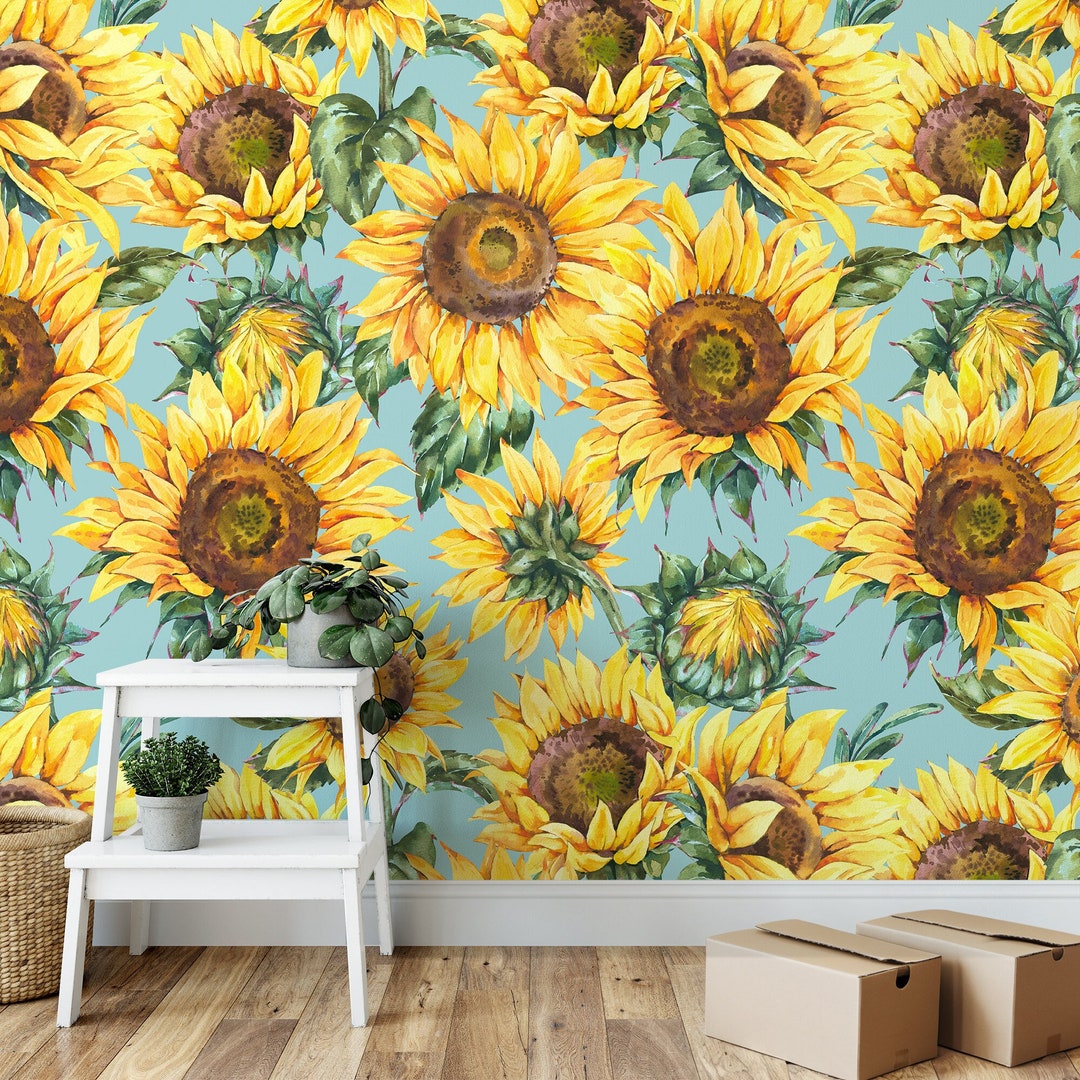 Watercolor Sunflowers Peel & Stick Wallpaper, Vibrant Yellow Floral ...