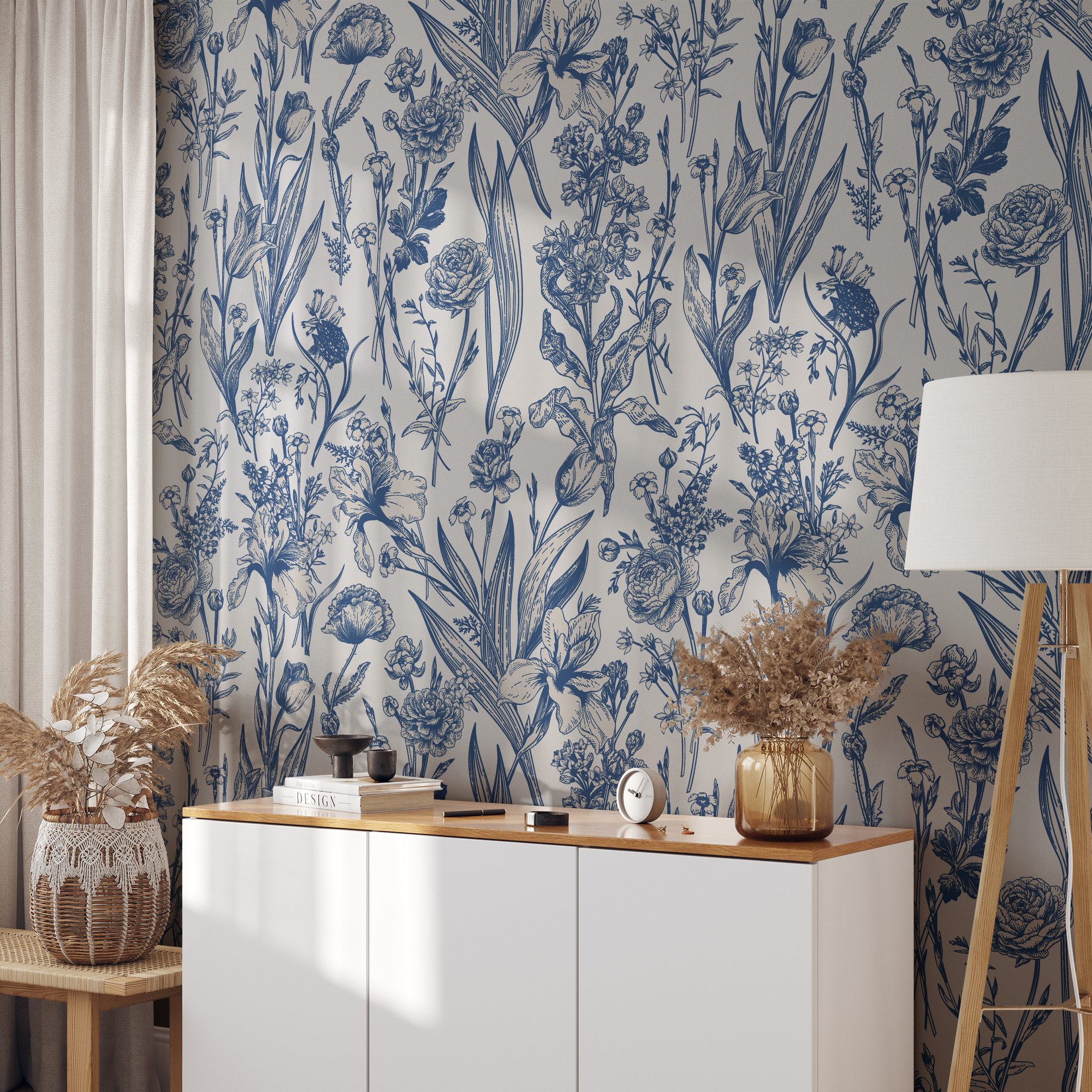 Dutch-inspired Blue Flowers and Leaves Peel & Stick Wallpaper, Vintage ...