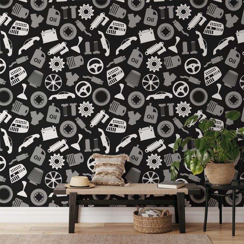 Car Mechanic Tools Peel & Stick Wallpaper, Automotive Pattern Wall ...