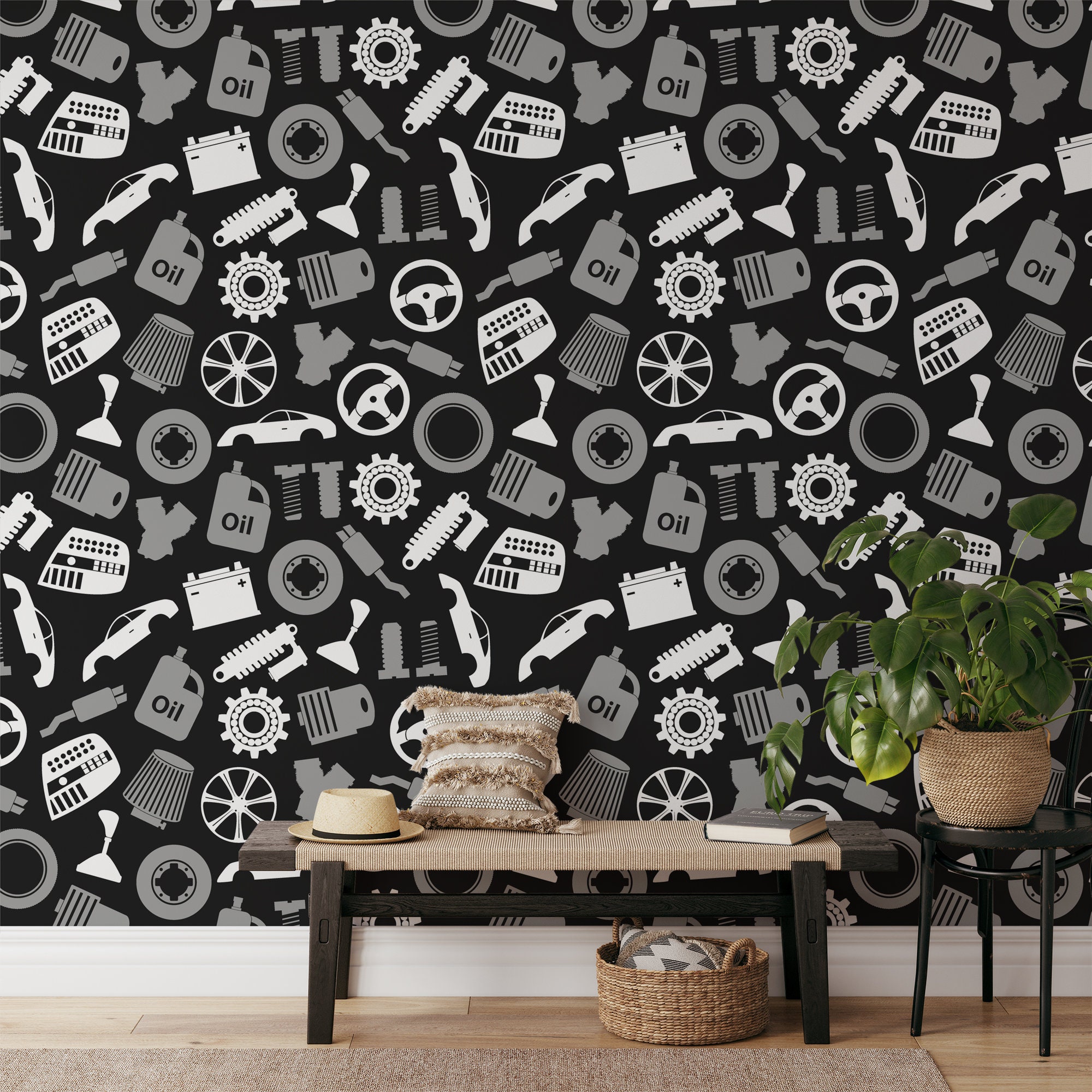 Car Mechanic Tools Peel & Stick Wallpaper, Automotive Pattern Wall ...