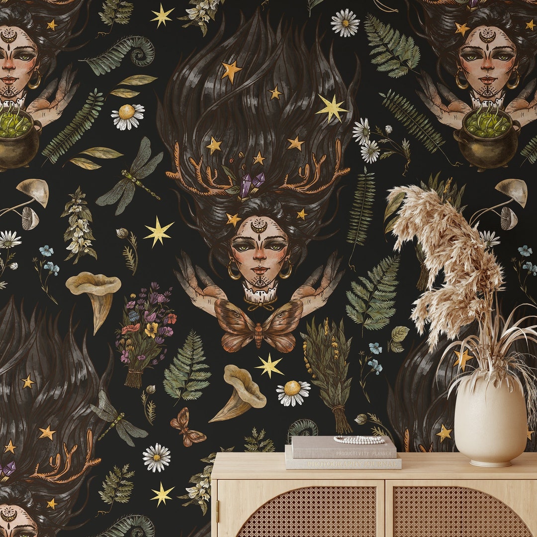 Enchanting Nature Goddess Peel & Stick Wallpaper, Whimsical Dark Witch ...