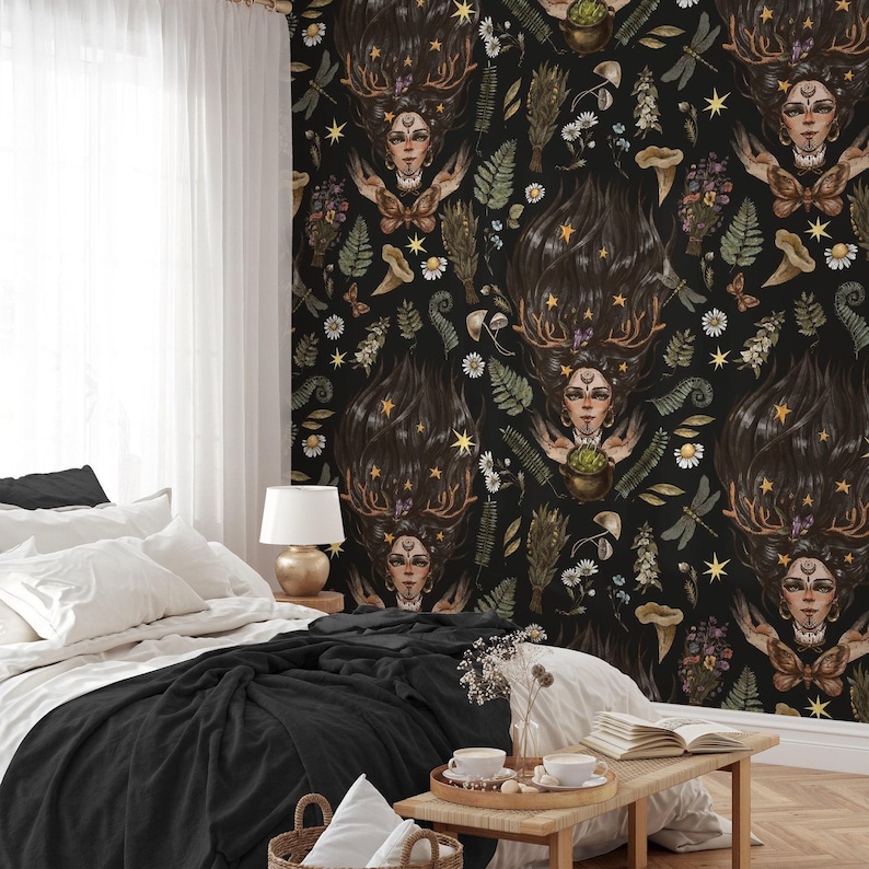 Enchanting Nature Goddess Peel & Stick Wallpaper, Whimsical Dark Witch ...