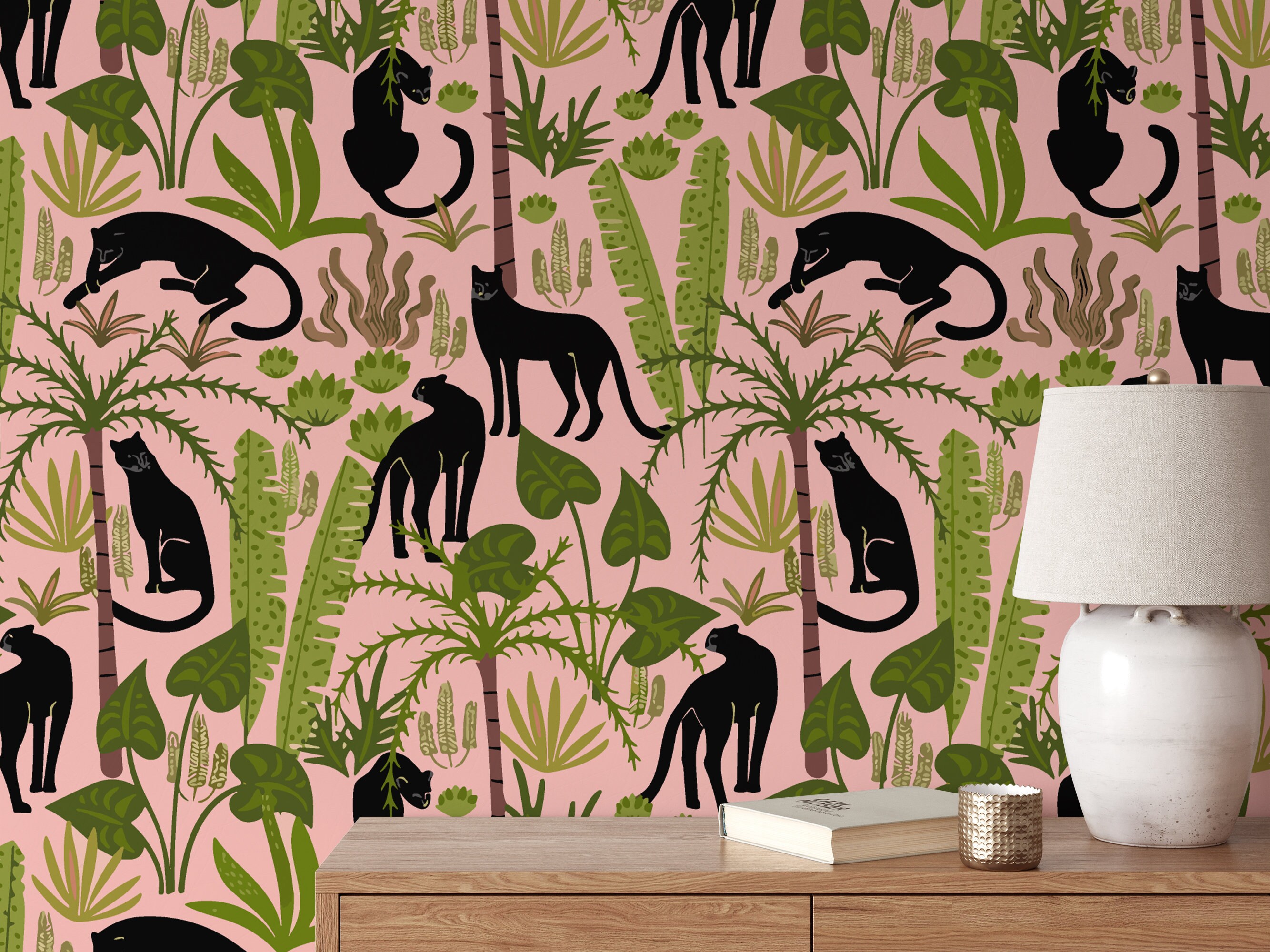 Pink Jungle and Black Panthers Peel & Stick Wallpaper Flat Art Panther ...