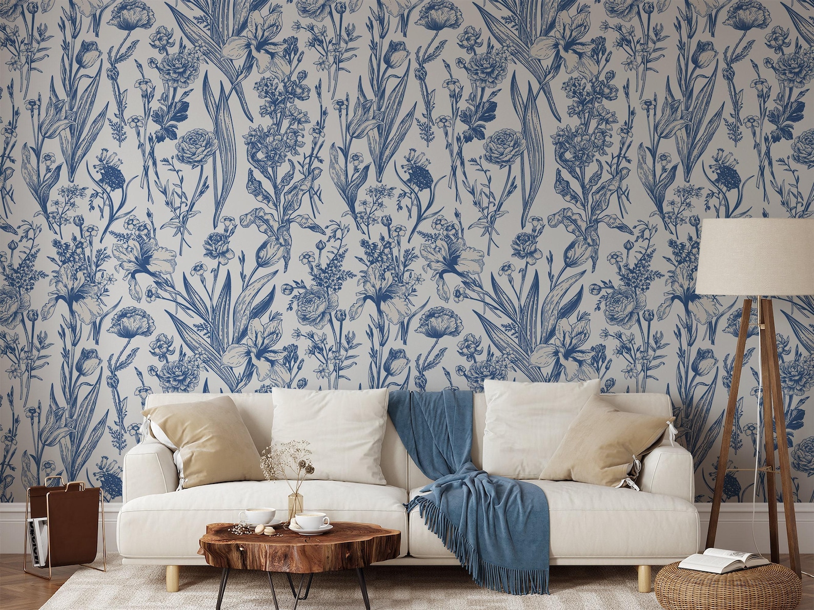 Dutch-inspired Blue Flowers and Leaves Peel & Stick Wallpaper, Vintage ...