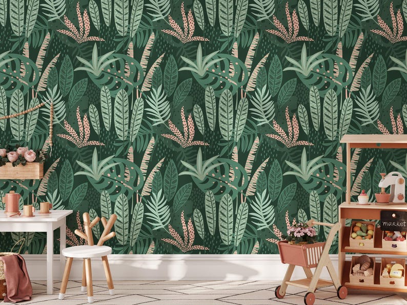 Nature-themed Green Leaves Peel & Stick Wallpaper - Tropical Abstract ...