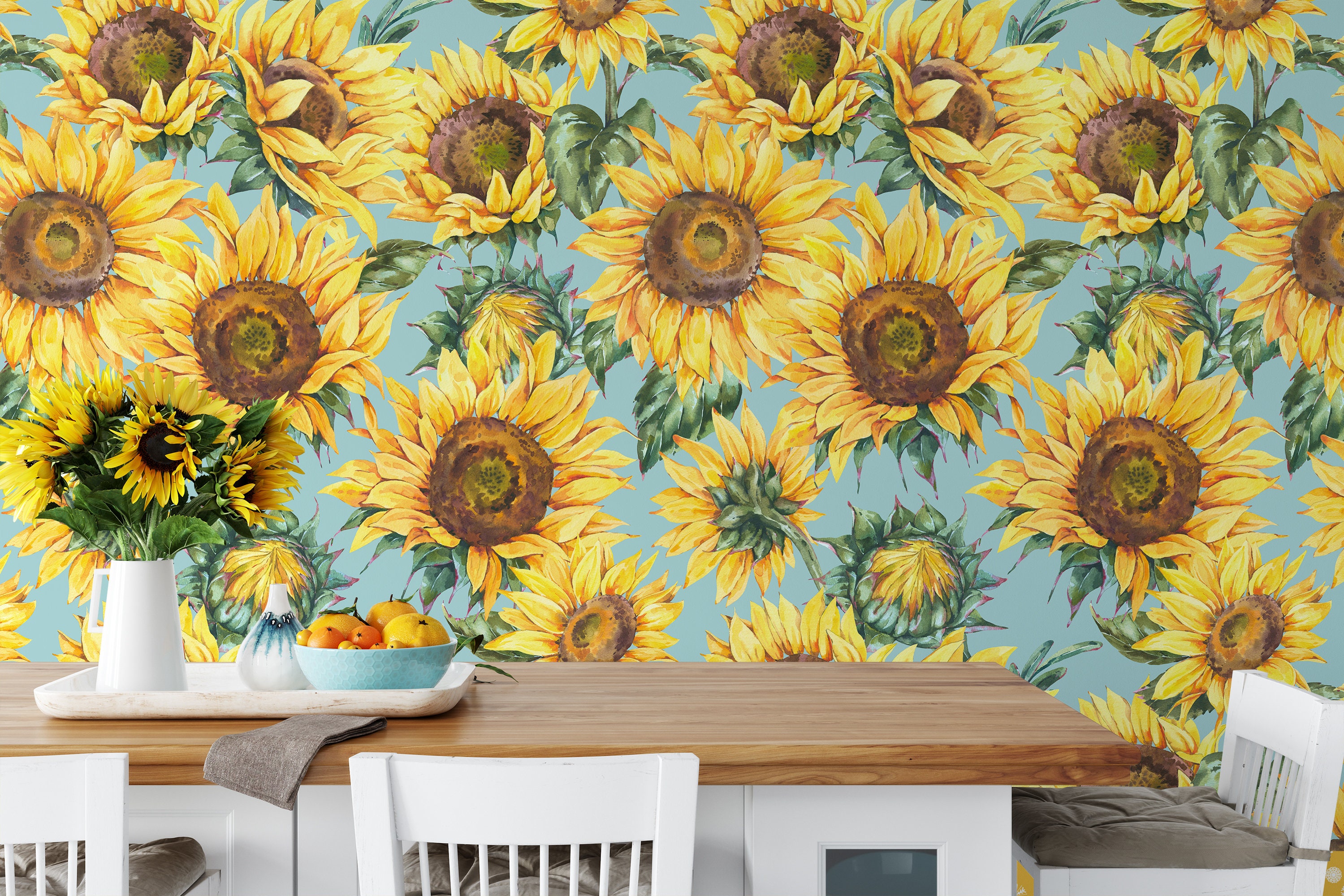 Watercolor Sunflowers Peel & Stick Wallpaper, Vibrant Yellow Floral ...