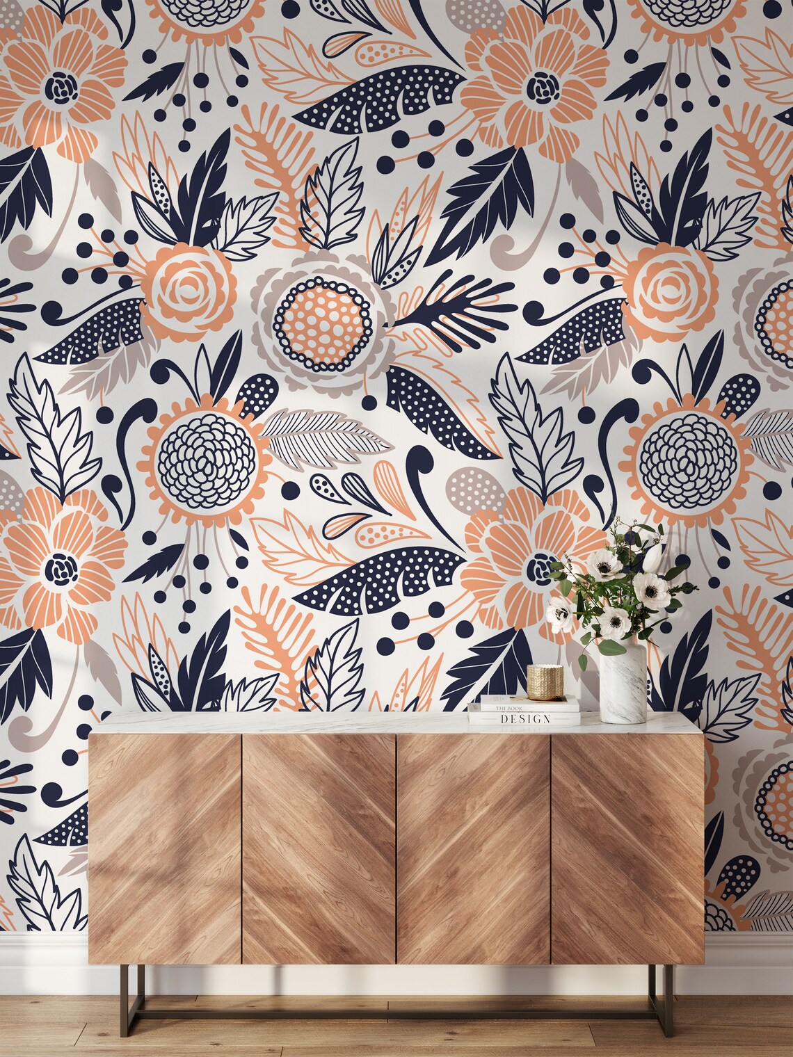 Abstract Floral Flat Art Style Peel & Stick Wallpaper, Contemporary ...